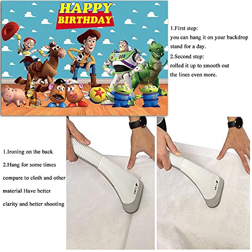 7x5ft Cartoon Toy Story Birthday Party Theme Photography Backdrops Blue Sky White Clouds Banner Kids Birthday Party Photo Background Cake Table Decoration Supplies Studio Booth Props