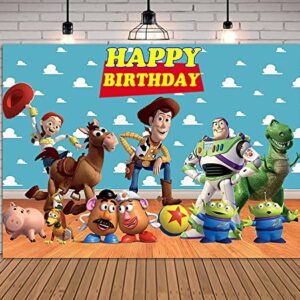 7x5ft Cartoon Toy Story Birthday Party Theme Photography Backdrops Blue Sky White Clouds Banner Kids Birthday Party Photo Background Cake Table Decoration Supplies Studio Booth Props