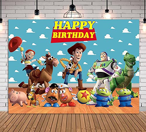 7x5ft Cartoon Toy Story Birthday Party Theme Photography Backdrops Blue Sky White Clouds Banner Kids Birthday Party Photo Background Cake Table Decoration Supplies Studio Booth Props