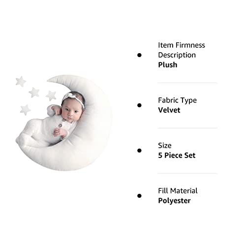 Yarstar 1+4pcs Newborn Photography Pillow Set Newborn Posing Photography Prop Moon Star Baby Picture Prop Newborn Photo Props for Babies Newborn Photography Props Baby Moon Nursery Pillow (A-White)