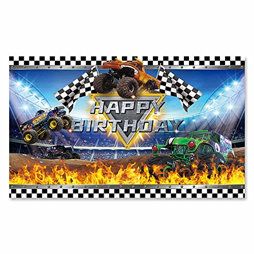 Seasonwood Cartoon Monster Truck Birthday Party Supplies Background Monster Machines Childrens Birthday Party Photo Backdrop Background Baby Shower Photography Banner Decoration 5X3FT