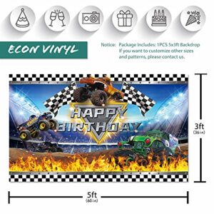 Seasonwood Cartoon Monster Truck Birthday Party Supplies Background Monster Machines Childrens Birthday Party Photo Backdrop Background Baby Shower Photography Banner Decoration 5X3FT