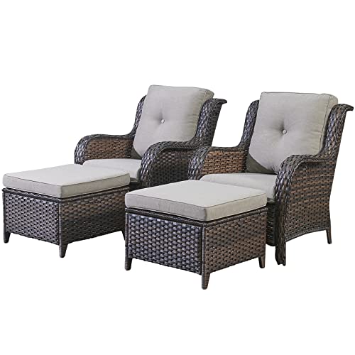 Rilyson Wicker Patio Furniture Set - 4 Piece Rattan Outdoor Sectional Conversation Sets with 2 Wicker Chairs and 2 Wicker Ottomans for Porch Deck Garden(Brown/Grey)