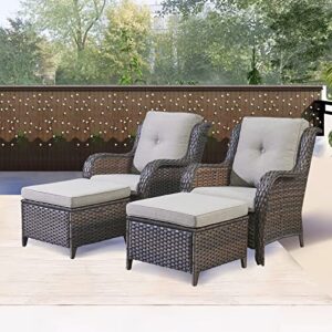 Rilyson Wicker Patio Furniture Set - 4 Piece Rattan Outdoor Sectional Conversation Sets with 2 Wicker Chairs and 2 Wicker Ottomans for Porch Deck Garden(Brown/Grey)