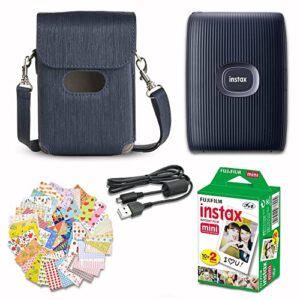 fujifilm instax mini link 2 smartphone printer space blue + fuji film value pack (20 sheets)+ shutter accessories bundle, incl. protective case, 60 sticker frames, usb cable