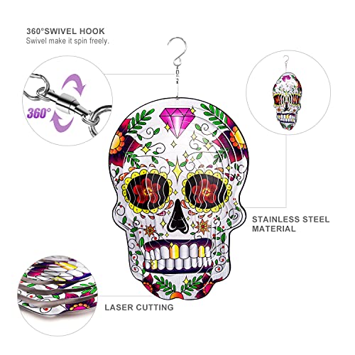 3D Metal Wind Spinner, Sugar Skull Wind Spinner for Yard and Garden Hanging Wind Sculptures Ornament 12in Skull Spinner Gifts for Home and Garden Outdoor Decorations Wind Art Spinning