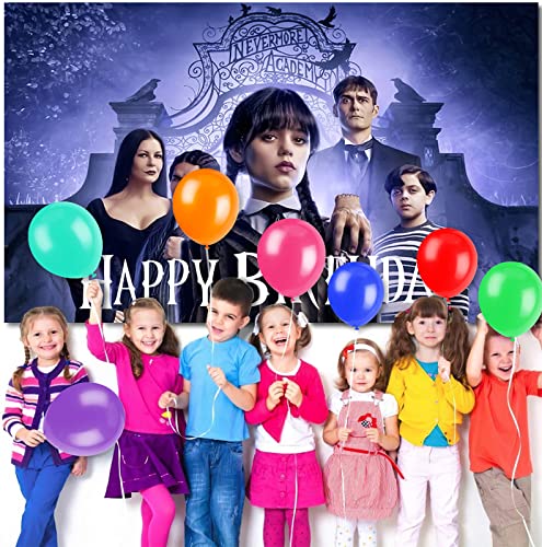 Wednesday New Addams Party Supplies, Happy Birthday Backdrop for Wednesday Party Decorations, 5 x 3FT Birthday Banner for Girls Boys Kids Birthday Party Decor