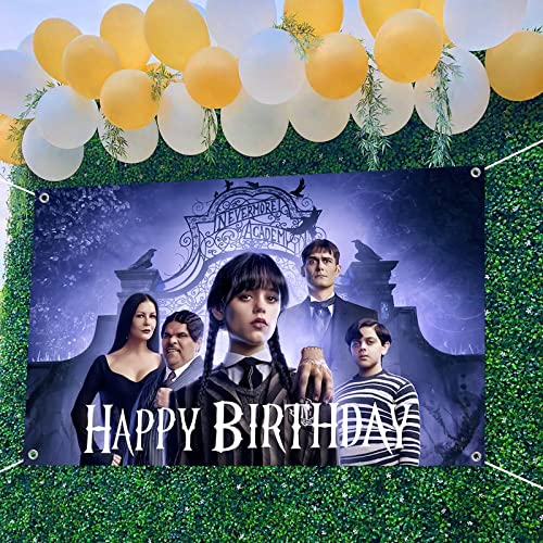 Wednesday New Addams Party Supplies, Happy Birthday Backdrop for Wednesday Party Decorations, 5 x 3FT Birthday Banner for Girls Boys Kids Birthday Party Decor