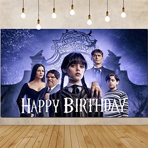 Wednesday New Addams Party Supplies, Happy Birthday Backdrop for Wednesday Party Decorations, 5 x 3FT Birthday Banner for Girls Boys Kids Birthday Party Decor