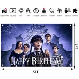 Wednesday New Addams Party Supplies, Happy Birthday Backdrop for Wednesday Party Decorations, 5 x 3FT Birthday Banner for Girls Boys Kids Birthday Party Decor