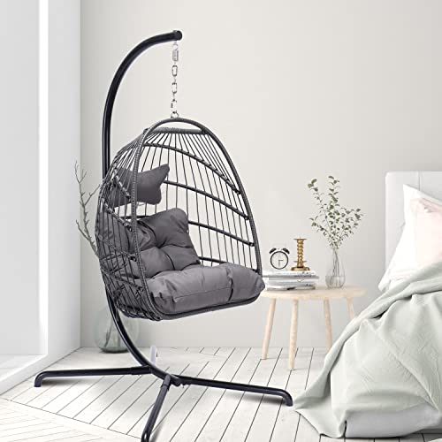 OUTPLATIO Swing Egg Chair with Stand Indoor Outdoor 350lbs Capacity Hanging Wicker Hammock Chair with UV Resistant Cushion Collapsible Foldable Basket for Bedroom Balcony Patio Garden (Dark Gray)