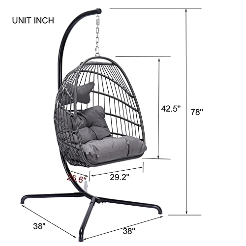 OUTPLATIO Swing Egg Chair with Stand Indoor Outdoor 350lbs Capacity Hanging Wicker Hammock Chair with UV Resistant Cushion Collapsible Foldable Basket for Bedroom Balcony Patio Garden (Dark Gray)