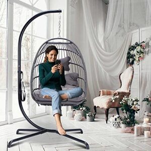 OUTPLATIO Swing Egg Chair with Stand Indoor Outdoor 350lbs Capacity Hanging Wicker Hammock Chair with UV Resistant Cushion Collapsible Foldable Basket for Bedroom Balcony Patio Garden (Dark Gray)