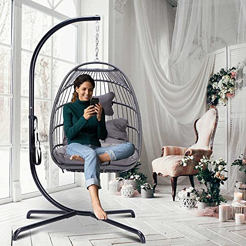 OUTPLATIO Swing Egg Chair with Stand Indoor Outdoor 350lbs Capacity Hanging Wicker Hammock Chair with UV Resistant Cushion Collapsible Foldable Basket for Bedroom Balcony Patio Garden (Dark Gray)