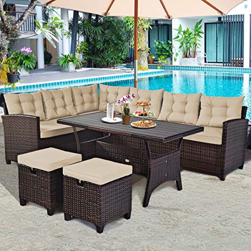 Tangkula 5 PCS Patio Furniture Set, Outdoor Conversation Set with 6 Cushioned Seat 2 Ottomans & Coffee Table, All Weather Wicker Dining Table Set with Ottoman, Rattan Sectional Couch Sofa Set