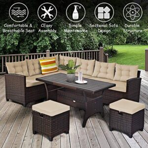 Tangkula 5 PCS Patio Furniture Set, Outdoor Conversation Set with 6 Cushioned Seat 2 Ottomans & Coffee Table, All Weather Wicker Dining Table Set with Ottoman, Rattan Sectional Couch Sofa Set