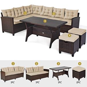 Tangkula 5 PCS Patio Furniture Set, Outdoor Conversation Set with 6 Cushioned Seat 2 Ottomans & Coffee Table, All Weather Wicker Dining Table Set with Ottoman, Rattan Sectional Couch Sofa Set