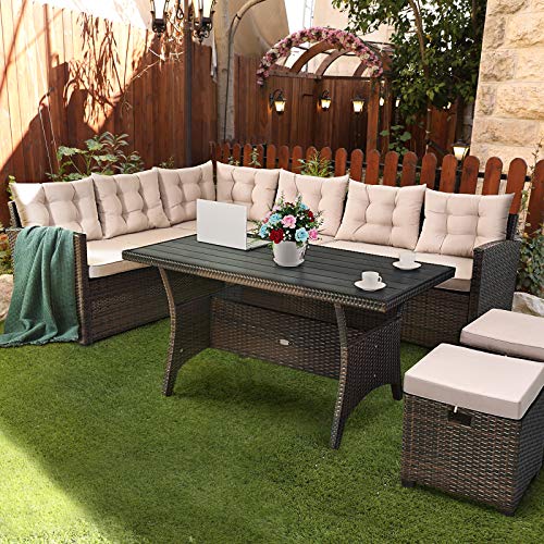 Tangkula 5 PCS Patio Furniture Set, Outdoor Conversation Set with 6 Cushioned Seat 2 Ottomans & Coffee Table, All Weather Wicker Dining Table Set with Ottoman, Rattan Sectional Couch Sofa Set