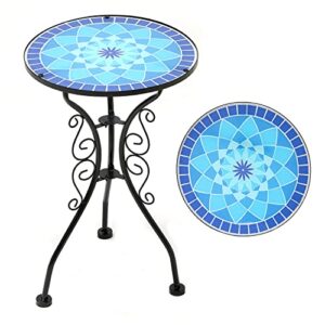 hl3nigim outdoor side table, 14″ round mosaic patio side table accent table bistro coffee glass table plant stand for garden porch living room balcony deck porch pool