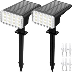 punoge outdoor landscape spotlights: monocrystalline solar panel, ip67 waterproof, auto on/off, brightness adjustable, 6500k daylight white led, ground stake & wall mount, for garden backyard, 2 pack