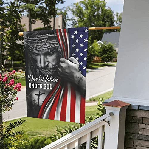 One Nation Under God Flag Jesus American Flag for Outdoor Double Sides Print 3ply Durable Polyester Christian House Home Flags 12x18 Inch Outside Decor