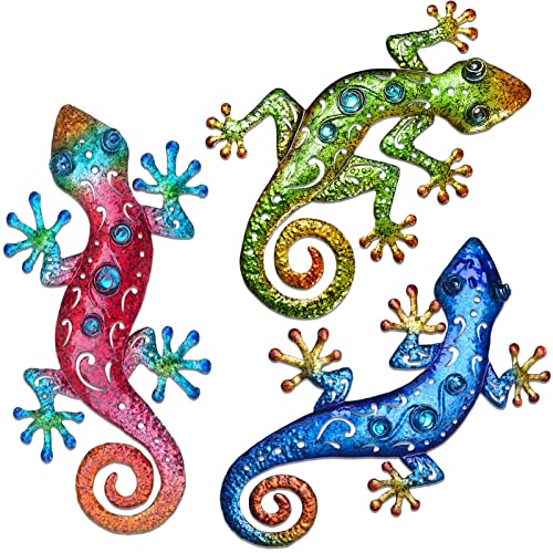 Tuokiuhn Metal Lizards Outdoor Decor Metal Gecko Wall Decoration Geico Lizard 13.5 * 8.5 Inch 3 Pack Set Suitable for Hanging in Yard Or Fence