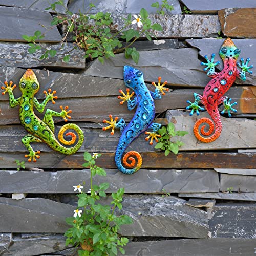 Tuokiuhn Metal Lizards Outdoor Decor Metal Gecko Wall Decoration Geico Lizard 13.5 * 8.5 Inch 3 Pack Set Suitable for Hanging in Yard Or Fence