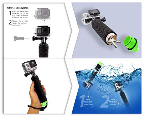 Waterproof Floating Hand Grip Compatible with GoPro Hero 11 10 9 8 7 6 5 4 3+ 2 1 Session Black Silver Camera Handler & Handle Mount Accessories Kit & Water for Water Sport and Action Cameras (Green)