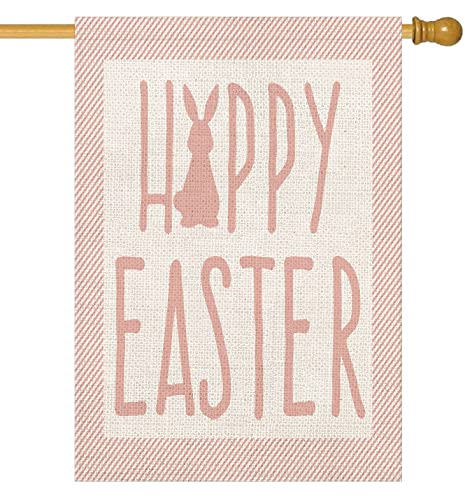 Easternproject Happy Easter Rabbit House Flag Double Sided Pink White Stripes Easter Bunny Burlap Garden Flags Spring Rustic Farmhouse Yard Outdoor Decoration 28x40 Inch