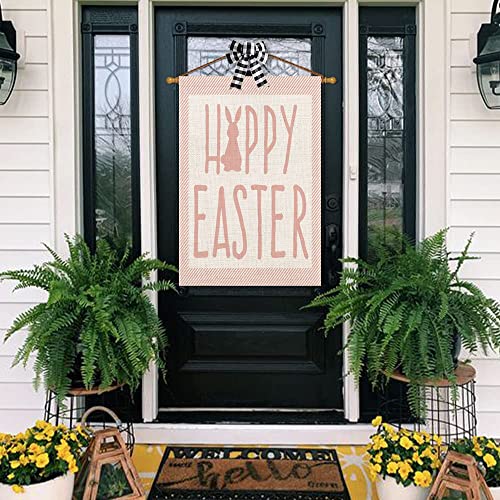 Easternproject Happy Easter Rabbit House Flag Double Sided Pink White Stripes Easter Bunny Burlap Garden Flags Spring Rustic Farmhouse Yard Outdoor Decoration 28x40 Inch