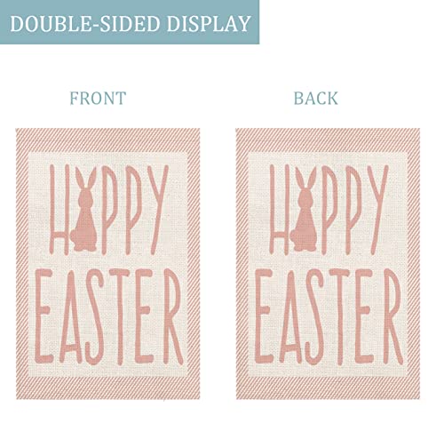 Easternproject Happy Easter Rabbit House Flag Double Sided Pink White Stripes Easter Bunny Burlap Garden Flags Spring Rustic Farmhouse Yard Outdoor Decoration 28x40 Inch