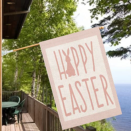 Easternproject Happy Easter Rabbit House Flag Double Sided Pink White Stripes Easter Bunny Burlap Garden Flags Spring Rustic Farmhouse Yard Outdoor Decoration 28x40 Inch