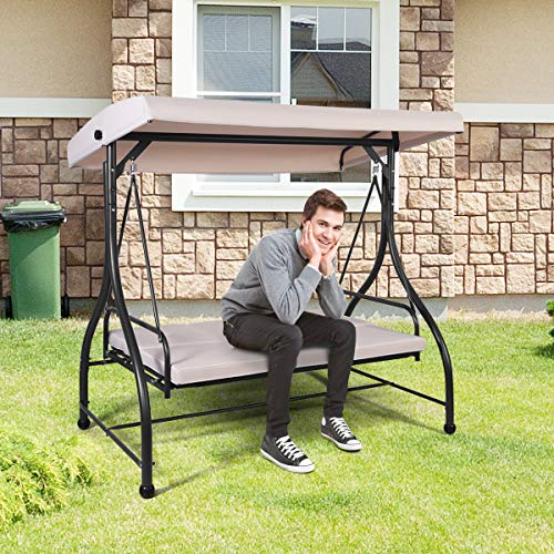 Tangkula 3 Seats Converting Patio Swing, Outdoor Porch Garden Canopy Swing with Comfortable Cushion Seats & Adjustable Tilt Canopy, Heavy Duty Hammock 3 Persons Porch Swing (Beige)