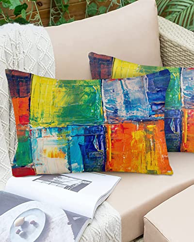 Outdoor Throw Pillow Covers, Colorful Oil Painting Outdoor Waterproof Pillowcases, Pillow Cushions for Patio Furniture Sofa Couch Chairs ( Abstract Art, 20x12inch )