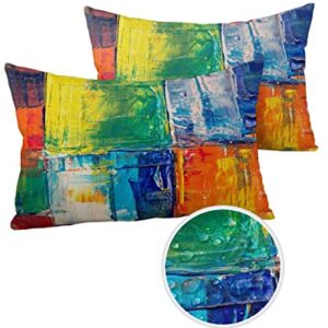 Outdoor Throw Pillow Covers, Colorful Oil Painting Outdoor Waterproof Pillowcases, Pillow Cushions for Patio Furniture Sofa Couch Chairs ( Abstract Art, 20x12inch )