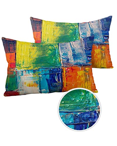 Outdoor Throw Pillow Covers, Colorful Oil Painting Outdoor Waterproof Pillowcases, Pillow Cushions for Patio Furniture Sofa Couch Chairs ( Abstract Art, 20x12inch )