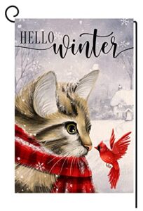 winter cat garden flag 12×18 vertical double sided cardinal bird snow christmas holiday outside decorations burlap yard flag bw230