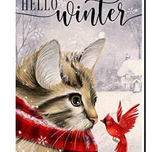 Winter Cat Garden Flag 12x18 Vertical Double Sided Cardinal Bird Snow Christmas Holiday Outside Decorations Burlap Yard Flag BW230