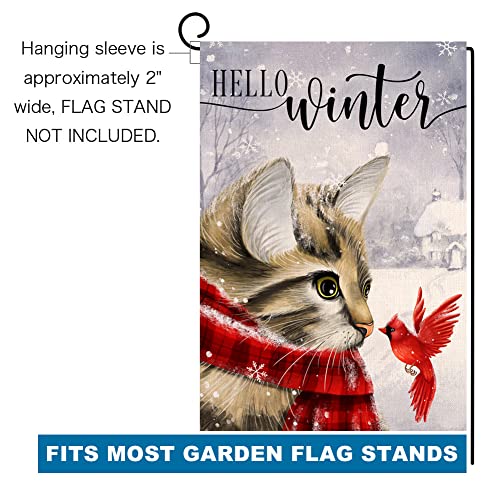 Winter Cat Garden Flag 12x18 Vertical Double Sided Cardinal Bird Snow Christmas Holiday Outside Decorations Burlap Yard Flag BW230