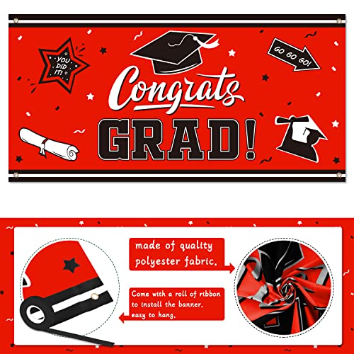 Graduation Backdrop Banner Red Large Congrats Grad Party Supplies Decorations Photography Background for 2023 Graduation Party