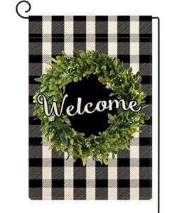 baccessor boxwood wreath welcome garden flag double sided, buffalo plaid check spring fall yard flag burlap, small farmhouse rustic flags for outdoor outside decoration 12 x 18 inch