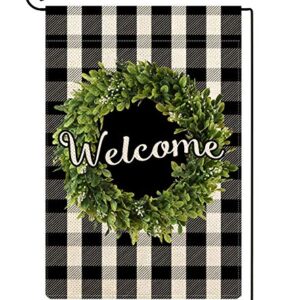 Baccessor Boxwood Wreath Welcome Garden Flag Double Sided, Buffalo Plaid Check Spring Fall Yard Flag Burlap, Small Farmhouse Rustic Flags for Outdoor Outside Decoration 12 x 18 Inch