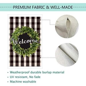 Baccessor Boxwood Wreath Welcome Garden Flag Double Sided, Buffalo Plaid Check Spring Fall Yard Flag Burlap, Small Farmhouse Rustic Flags for Outdoor Outside Decoration 12 x 18 Inch