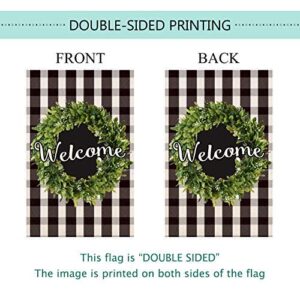 Baccessor Boxwood Wreath Welcome Garden Flag Double Sided, Buffalo Plaid Check Spring Fall Yard Flag Burlap, Small Farmhouse Rustic Flags for Outdoor Outside Decoration 12 x 18 Inch