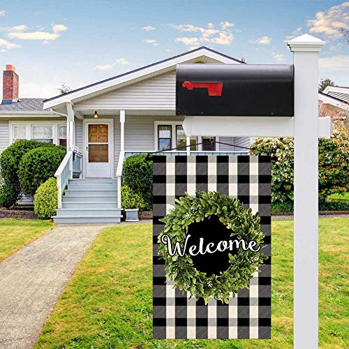 Baccessor Boxwood Wreath Welcome Garden Flag Double Sided, Buffalo Plaid Check Spring Fall Yard Flag Burlap, Small Farmhouse Rustic Flags for Outdoor Outside Decoration 12 x 18 Inch