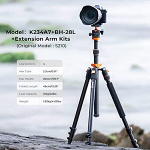 K&F Concept 78 inch DSLR Camera Tripods with Magnesium Alloy Rotatable Multi-Angle Center Column,Load Capacity up to 22lbs/10kg K234A7+BH-28L+Extension Arm Kits