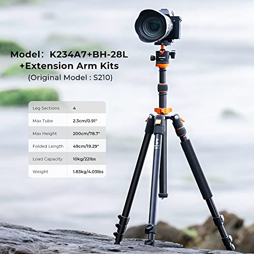 K&F Concept 78 inch DSLR Camera Tripods with Magnesium Alloy Rotatable Multi-Angle Center Column,Load Capacity up to 22lbs/10kg K234A7+BH-28L+Extension Arm Kits