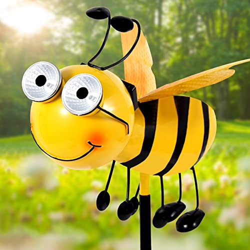 Canabear Metal Bee with Solar Light Eyes Bee Yard Art Garden Decorations - Decorative Garden Stakes for Garden Lawn Fence Backyard Patio Outdoor Wall Art Gifts