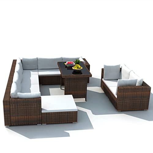 vidaXL Patio Lounge Set 10 Piece with Cushions Garden Outdoor Kitchen Dining Dinner Dinette Table and Chair Seat Seating Furniture Poly Rattan Brown