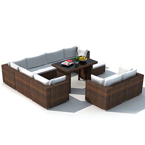 vidaXL Patio Lounge Set 10 Piece with Cushions Garden Outdoor Kitchen Dining Dinner Dinette Table and Chair Seat Seating Furniture Poly Rattan Brown